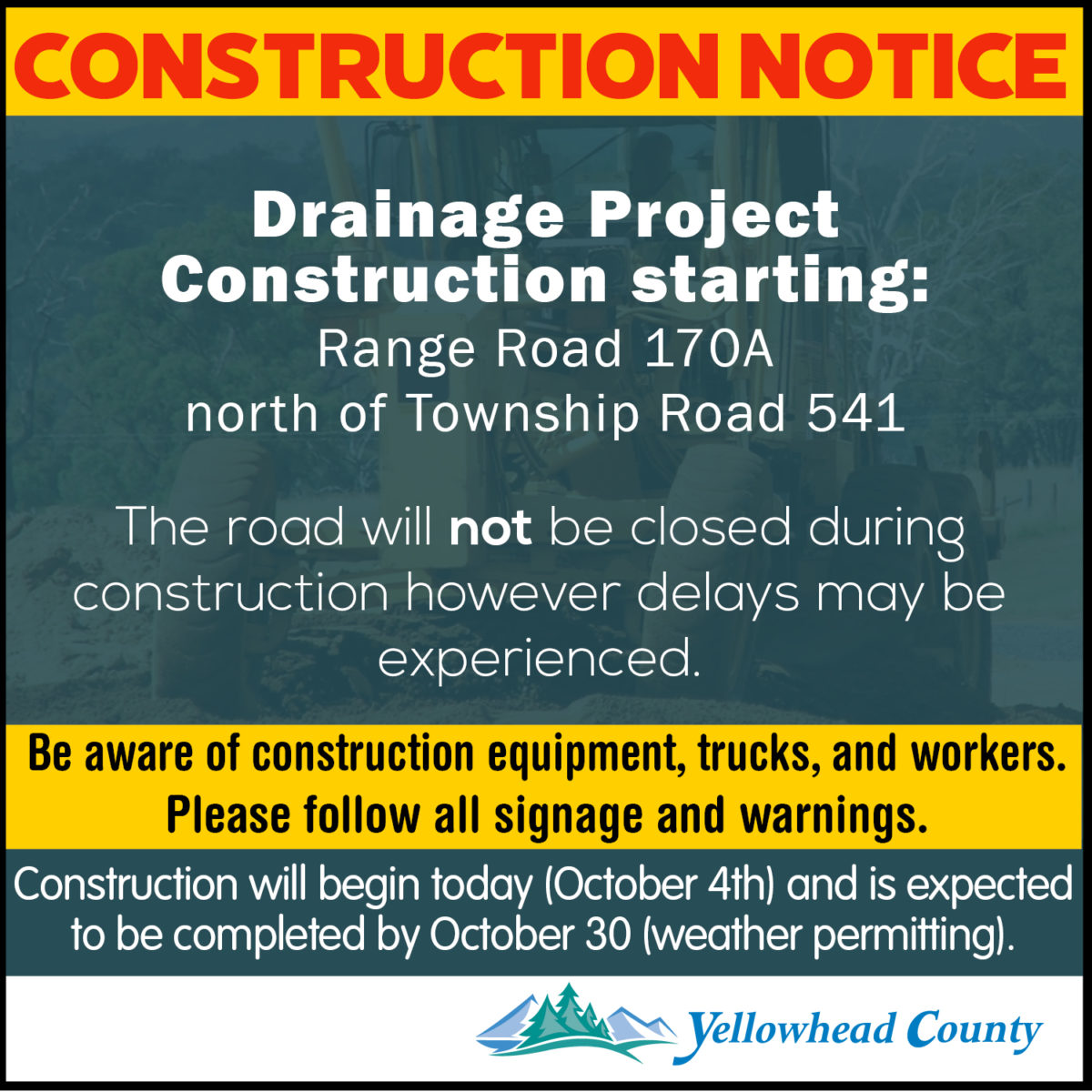 Construction Notice: Drainage Project - Yellowhead County